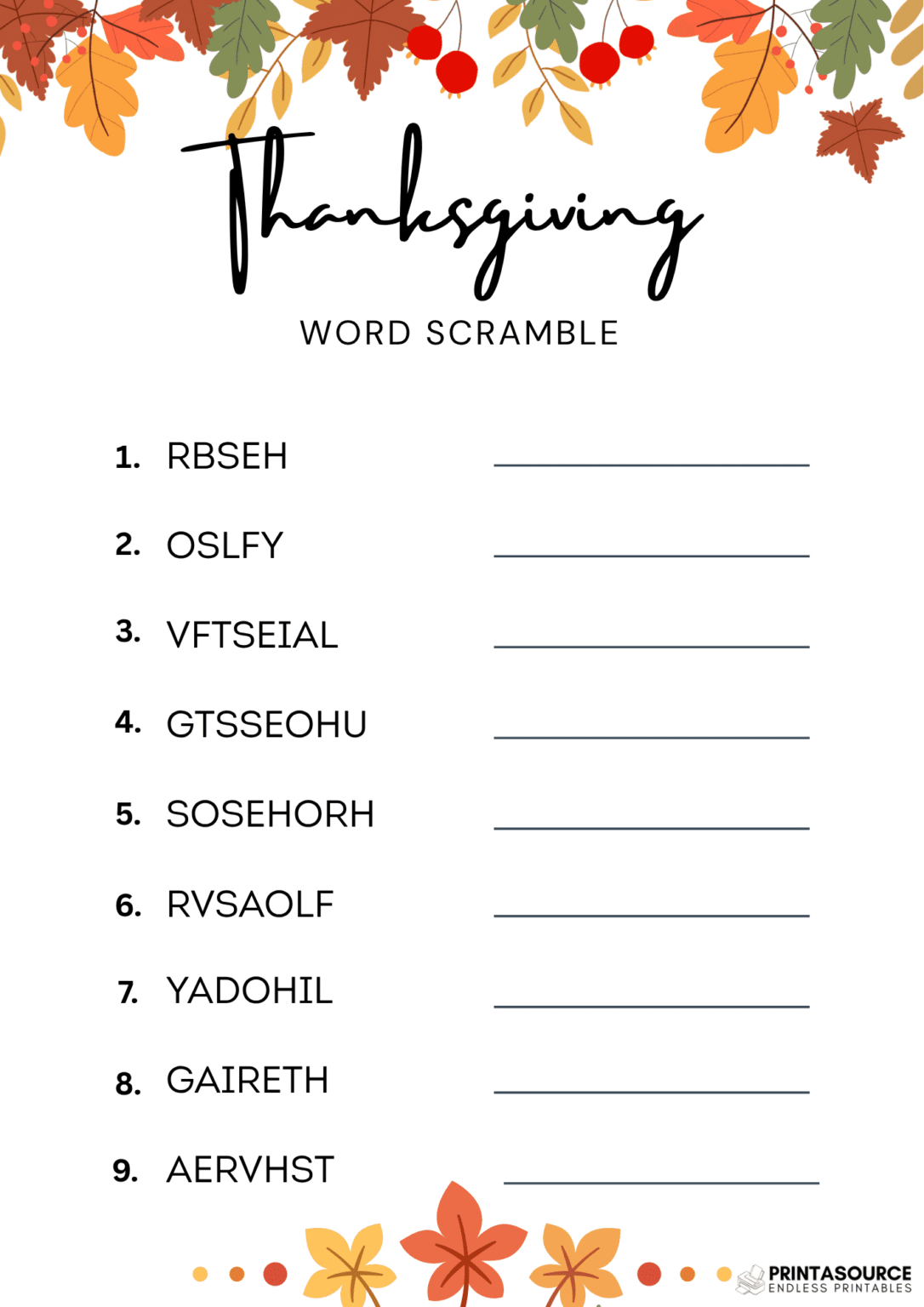 15 Free Printables Thanksgiving Word Scrambles 2025